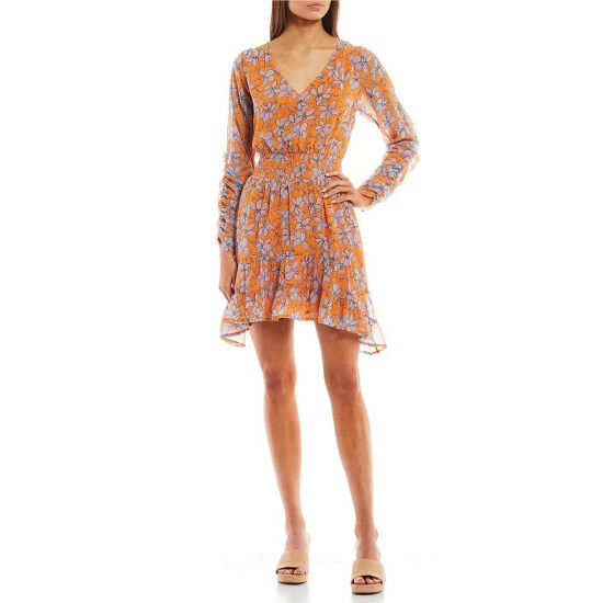 Deals 👏 Jessica Simpson Alyssa Floral Ruched Long Sleeve V-Neck Smocked ...